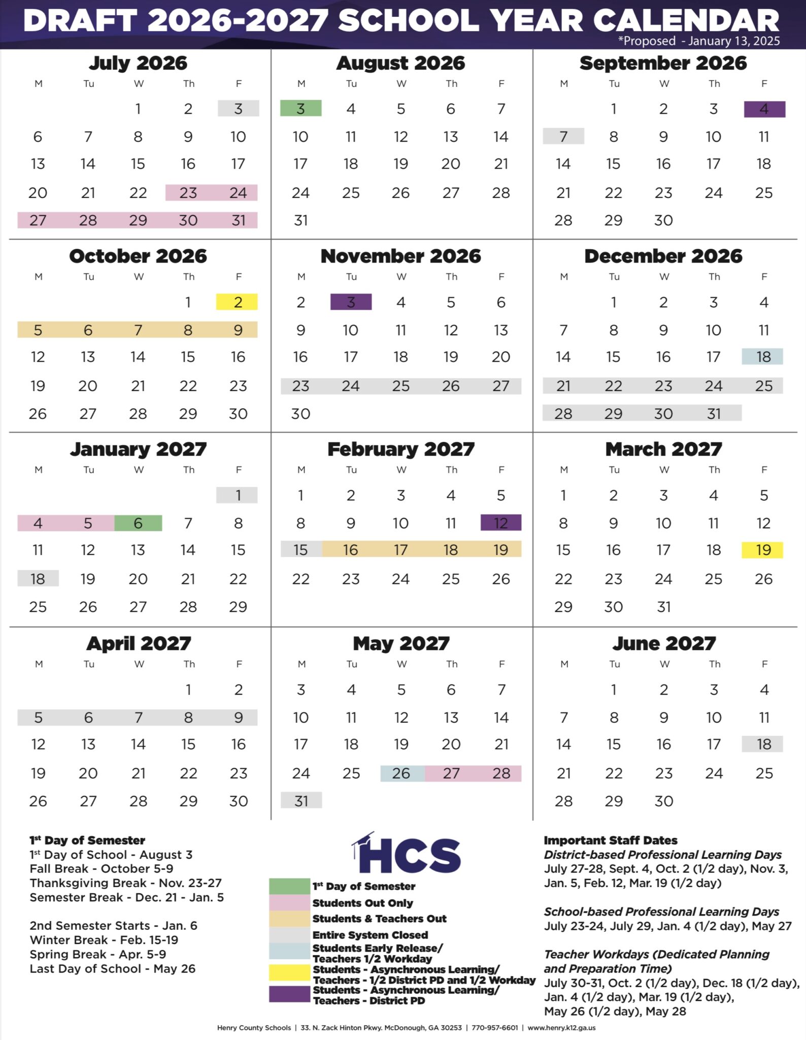 Henry County Schools Calendars Approved for 2025-2028