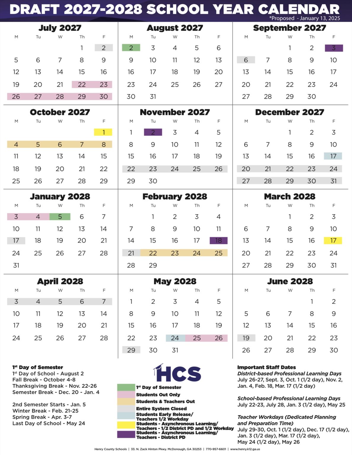 Henry County Schools Calendars Approved for 2025-2028